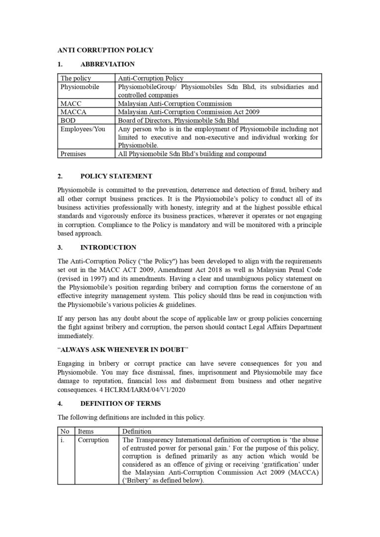 Anti-Corruption Policy | Physiomobile